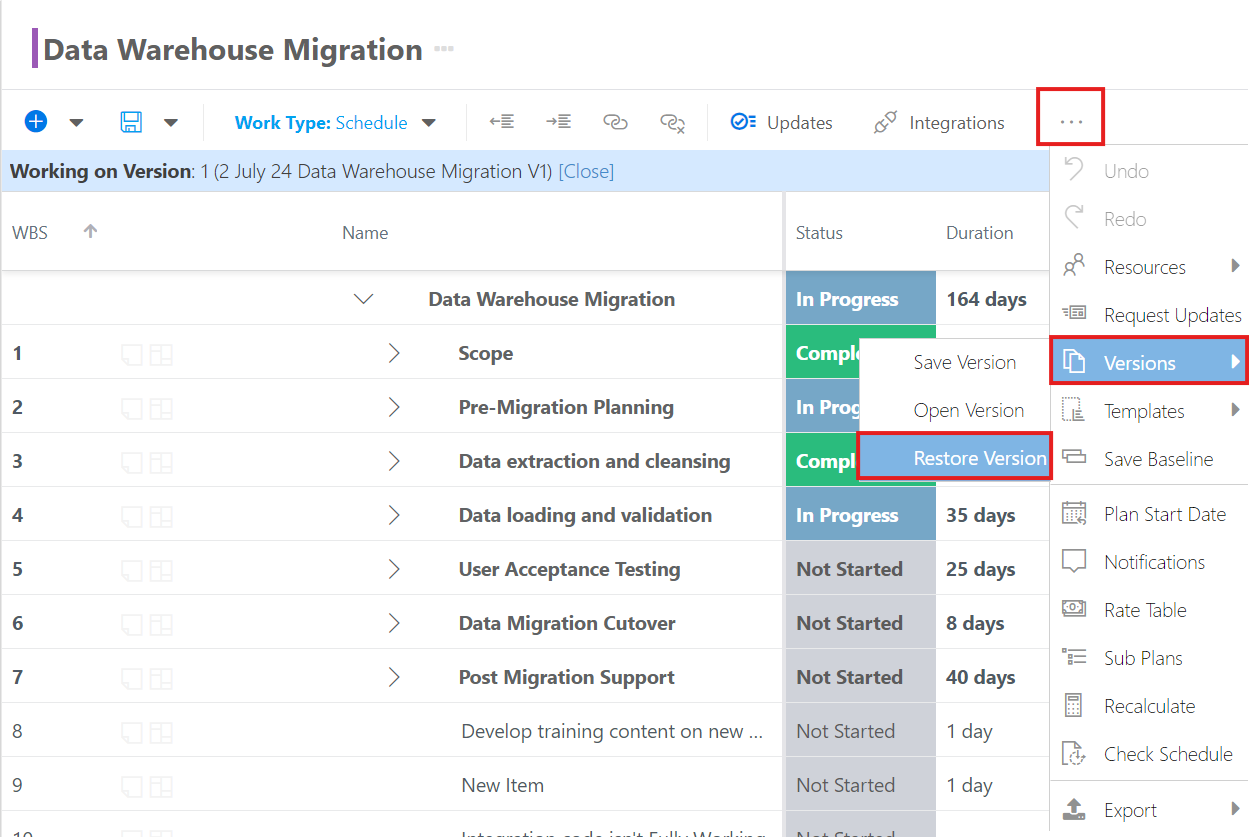 Restore Work Plan Versions – Support