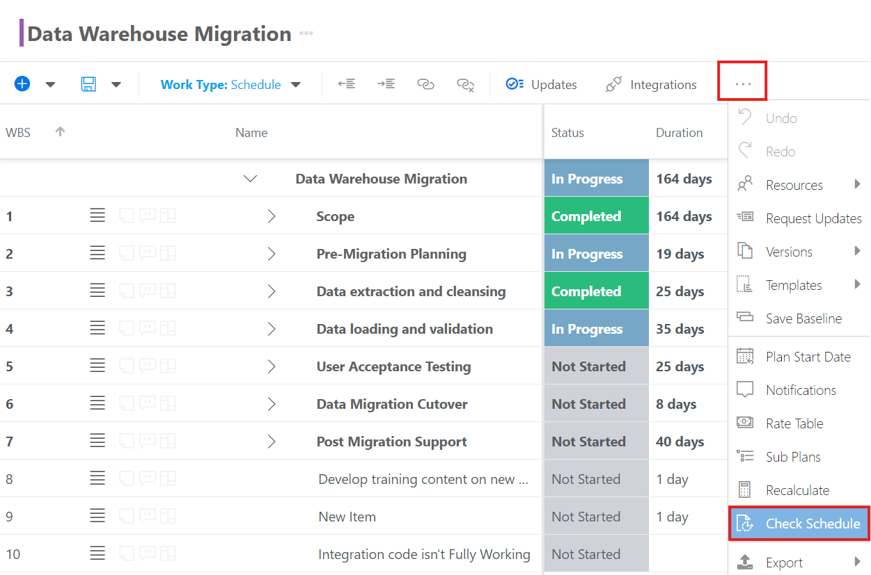 Work Plan Check Schedule – Support