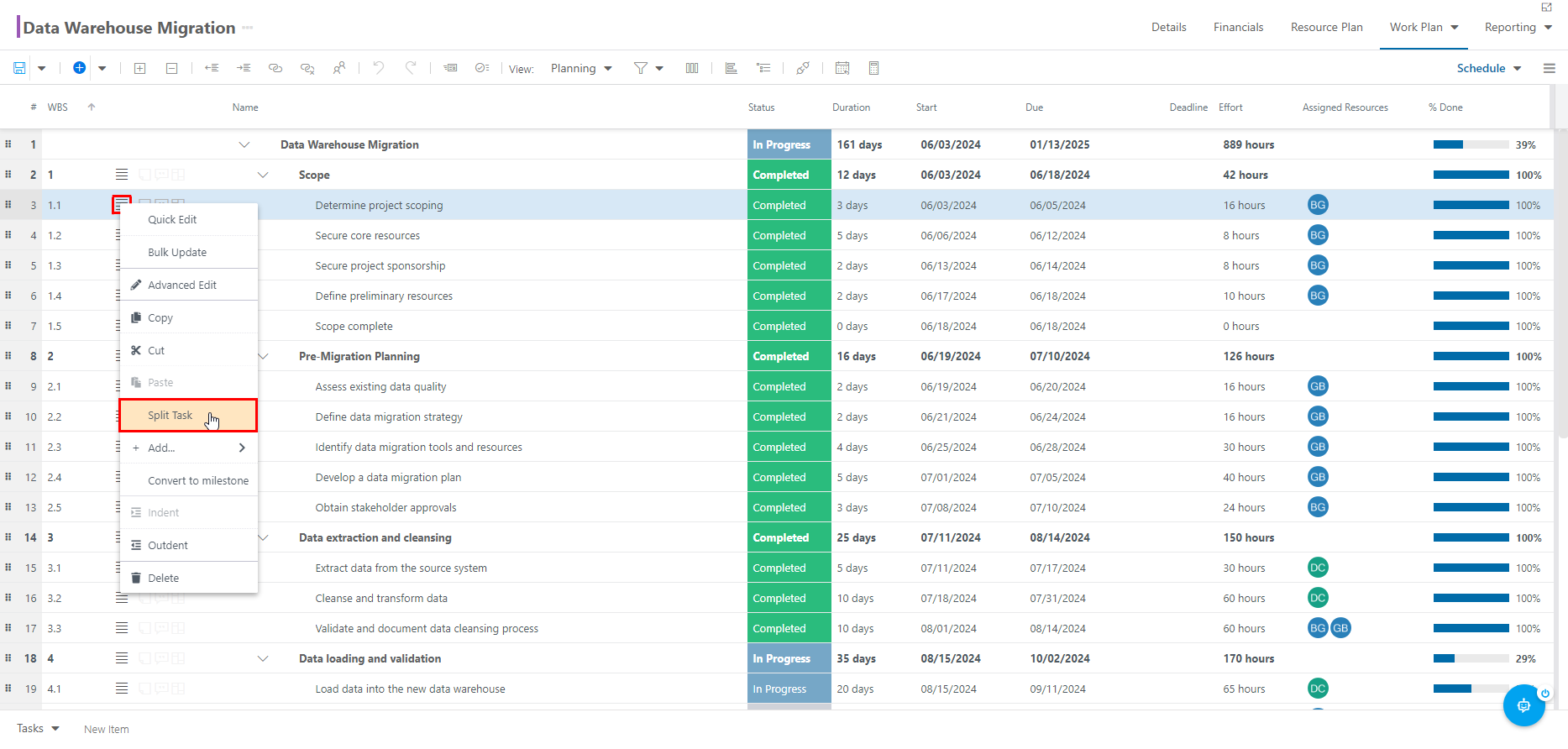 Split a Task in the Work Plan – Support