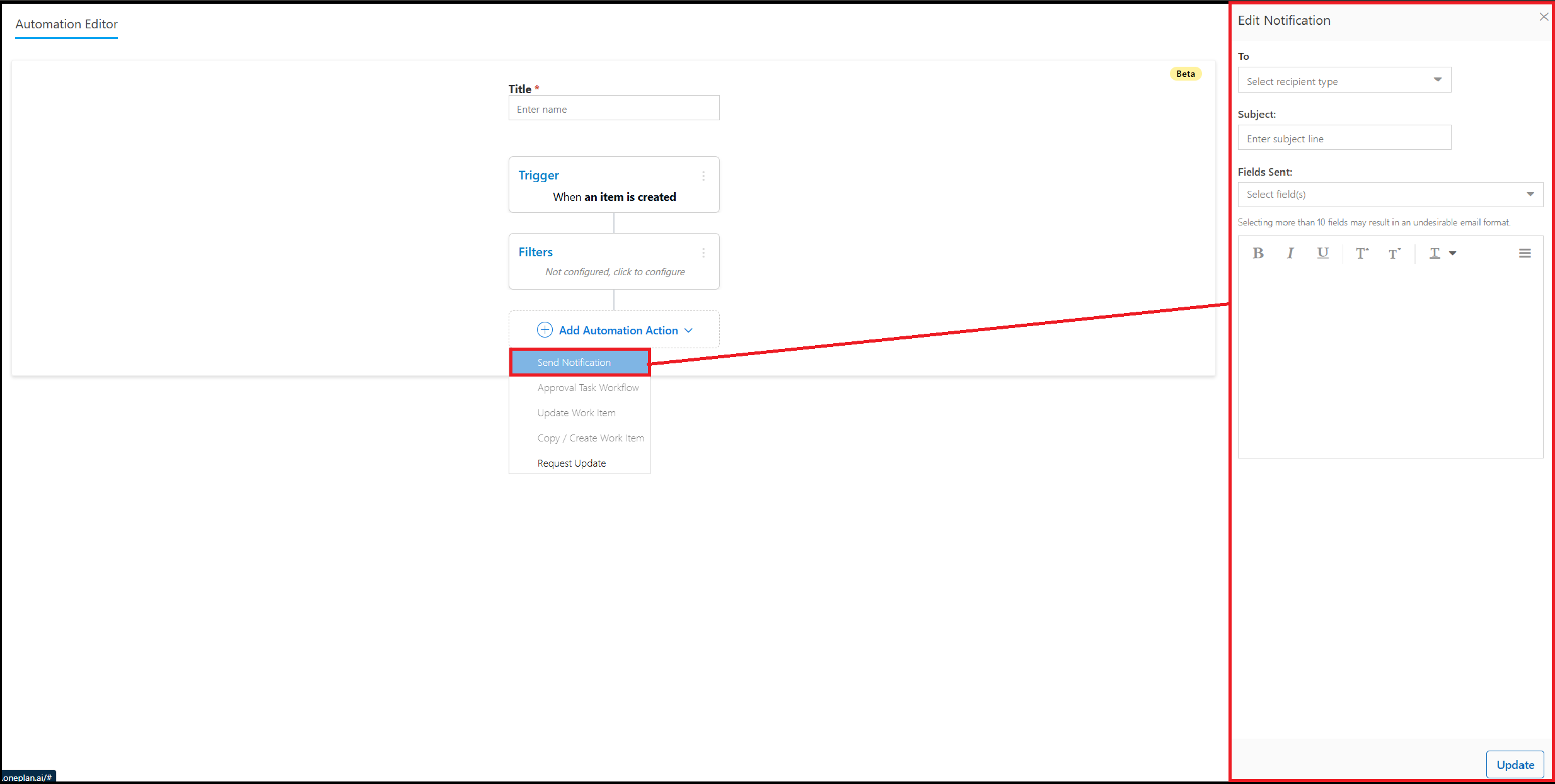 Work Plan Automations - Configure a Send Notification Action – Support