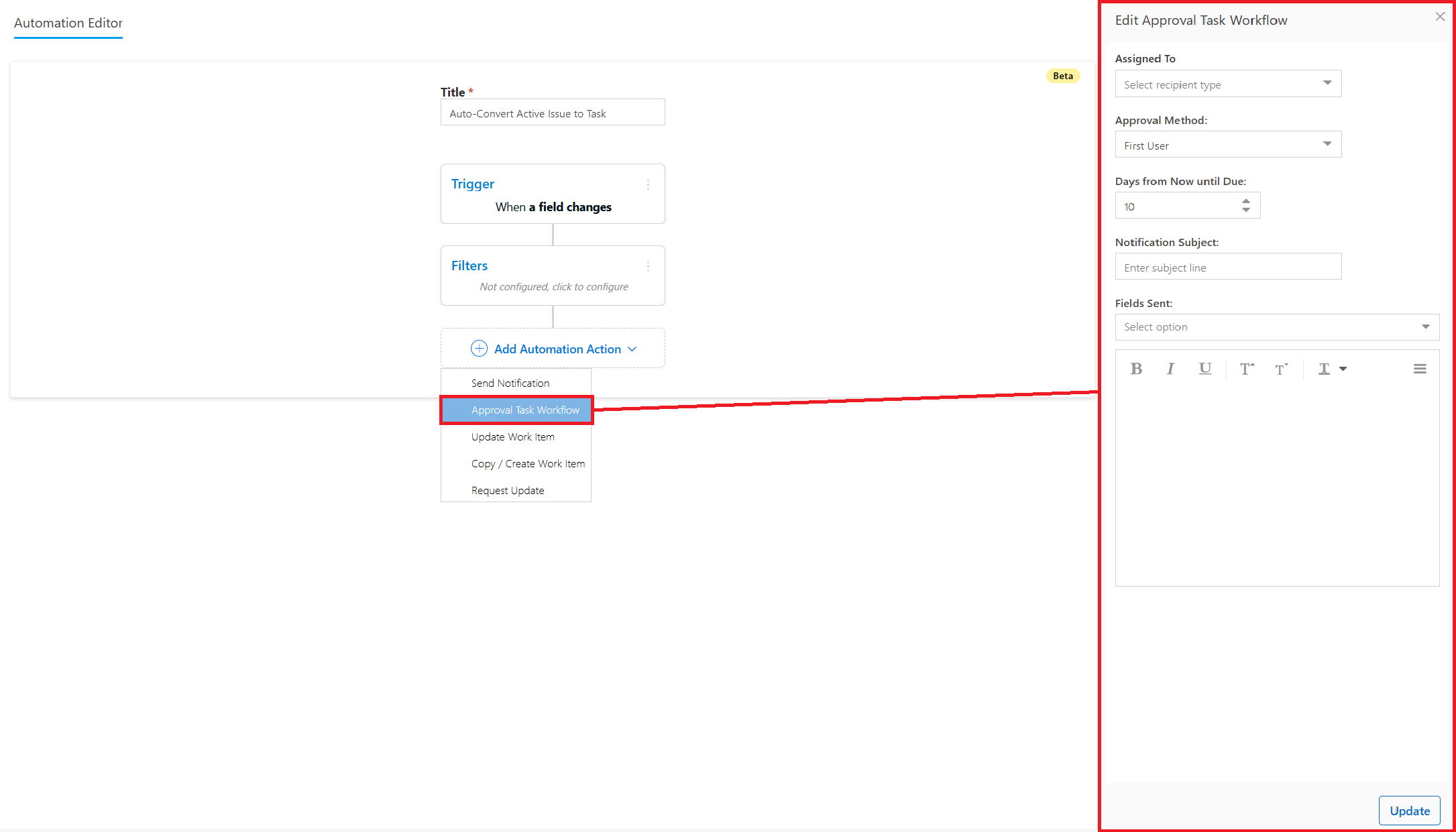 Work Plan Automation - Configure an Approval Task Workflow Action – Support